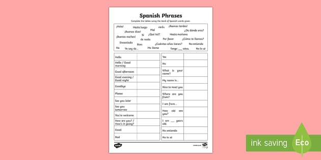 Spanish Common Phrases Table Worksheet