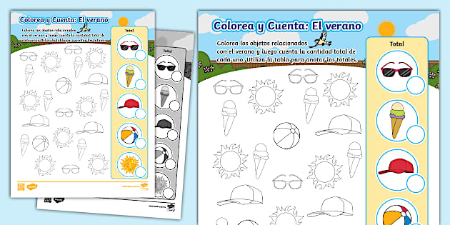 Hoja de actividad: Colorea y cuenta - El verano - Twinkl