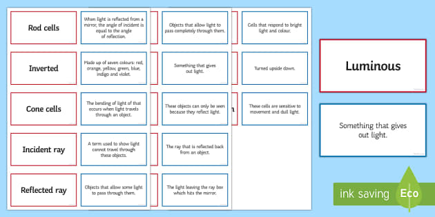 Light, Pairs Glossary Activity (teacher made) - Twinkl