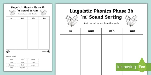 NI Linguistic Phonics Phase 3b 'm' Sound Sorting Activity