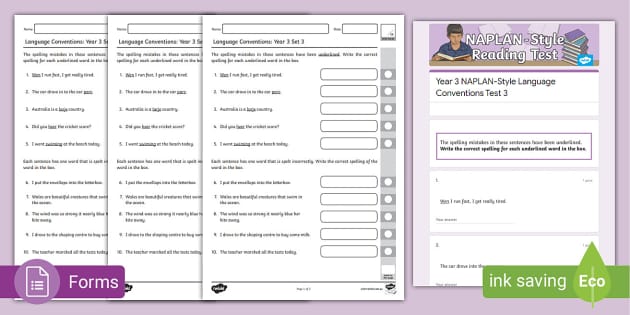 NAPLAN Style Misspelt Language Conventions Set Three Year 3 Exam Questions