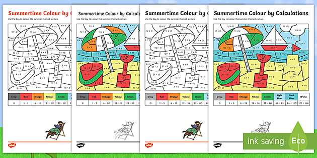 KS2 Summer-Themed Times Table Colour by Calculation Worksheets
