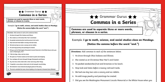 Grammar Gurus Commas in a Series Practice 6th-8th Grade
