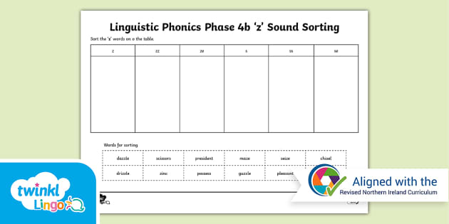 Linguistic Phonics Phase 4b, 'z' Sound Sorting Worksheet