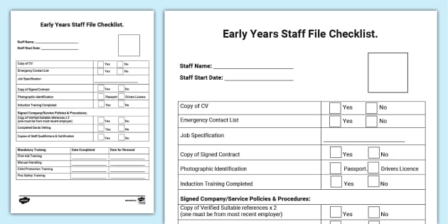 Kindergarten Staff File Checklist (Teacher-Made) - Twinkl