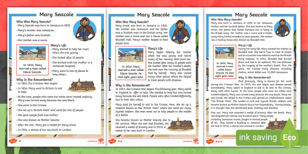 KS1 Mary Seacole Differentiated Reading Comprehension