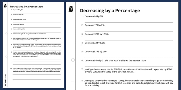 👉 Decreasing by a Percentage Worksheet (teacher made)