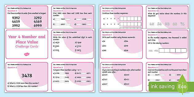 Year 4 Number and Place Value Challenge Cards (teacher made)