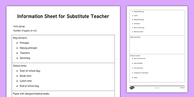 Substitute Teacher Information Sheet | Twinkl Resources