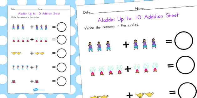 Aladdin Up to 10 Addition Sheet (Hecho por educadores)