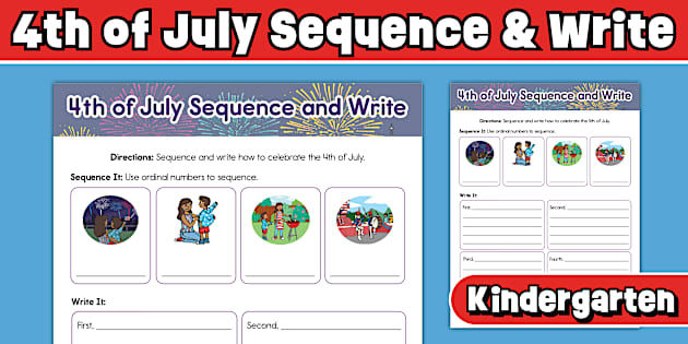 Kindergarten 4th of July Sequence and Write Worksheet