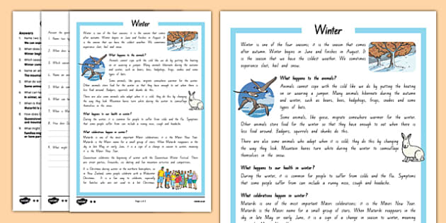 New Zealand Winter Differentiated Reading Comprehension Activity
