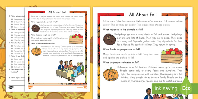 Second Grade All About Fall Reading Comprehension Activity