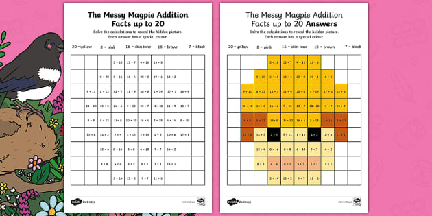 KS1 The Messy Magpie Addition Facts up to 20 Maths Mosaic Worksheet