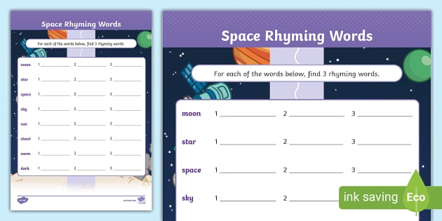 Space Rhyming Words Worksheet (Lehrer gemacht) - Twinkl