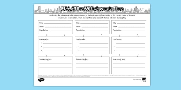 US Cities with Seven Letters Research Activity - Twinkl