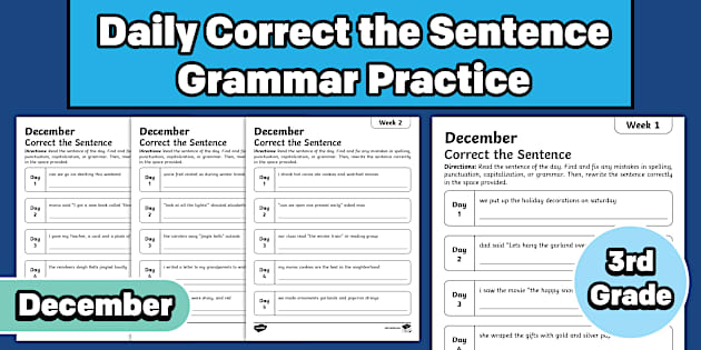 Third Grade December Daily Correct the Sentence Grammar Practice