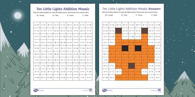 Ten Little Lights Addition Maths Mosaic Worksheet / Worksheet