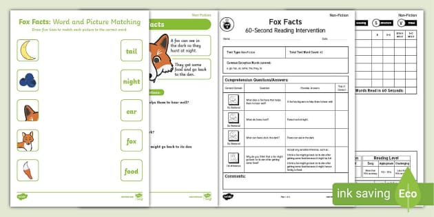 Level 1: 'Fox Facts' 60-Second Reading Set 2 Intervention Pack