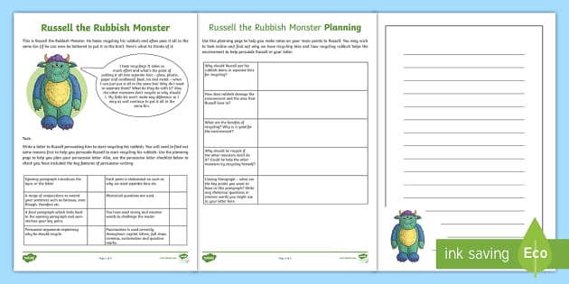 Persuasive Letter to Russell the Rubbish Monster Activity