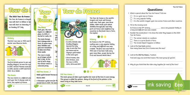 KS1 Tour de France Differentiated Reading Comprehension Activity