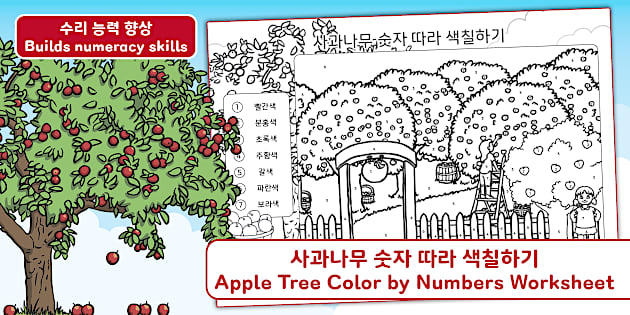 사과나무 숫자 따라 색칠하기 | Apple Tree Color by Numbers Worksheet
