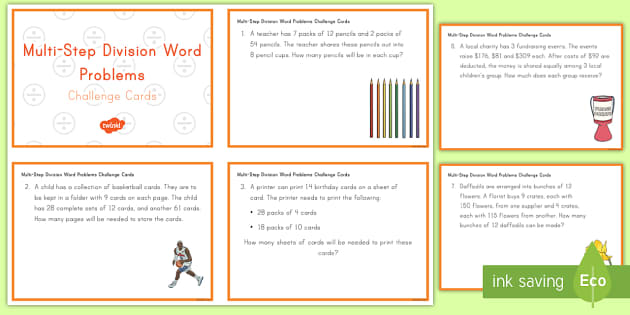 Two-Step Division Word Problem Challenge Cards