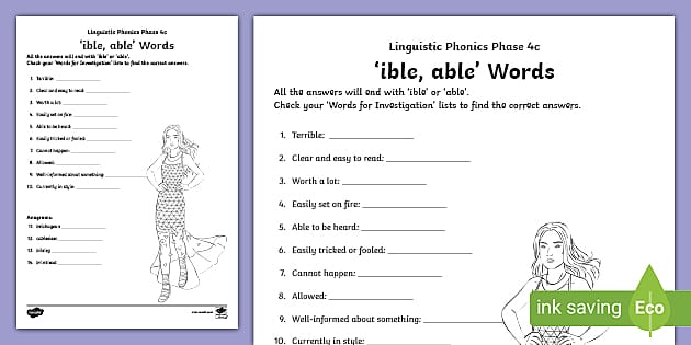 Linguistic Phonics Phase 4c 'ible, able' Word Worksheet