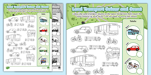 Land Transport Colour and Count Worksheet - Twinkl