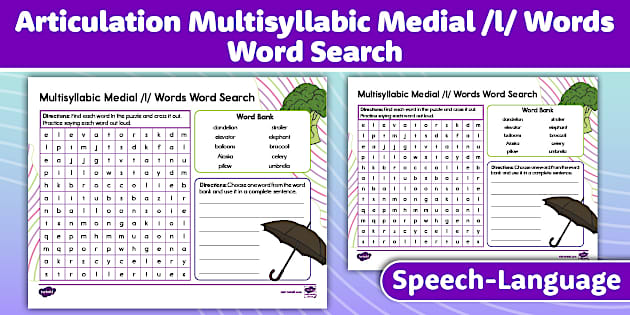 Articulation Multisyllabic Medial /l/ Words Word Search