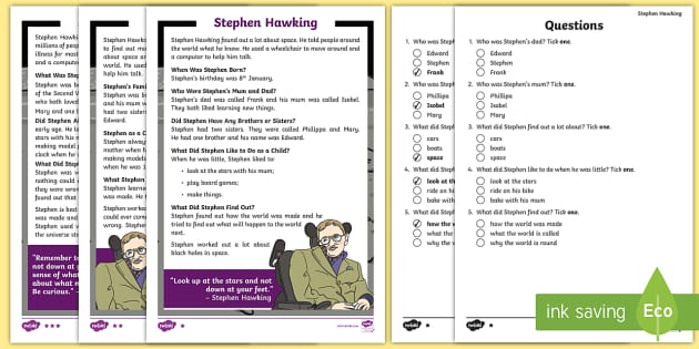 KS1 Stephen Hawking Differentiated Reading Comprehension Activity