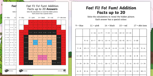 KS1 Fee! Fi! Fo! Fum! Addition Facts up to 20 Maths Mosaic Worksheet
