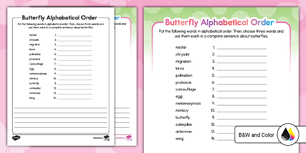 Butterfly Alphabetical Order Worksheet for K-2nd Grade