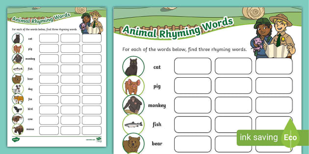 Animal Rhyming Words Worksheet - Twinkl