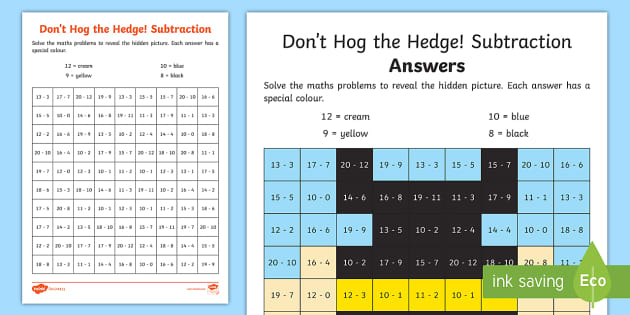 Don't Hog the Hedge! Subtraction Maths Mosaic Worksheet / Worksheet
