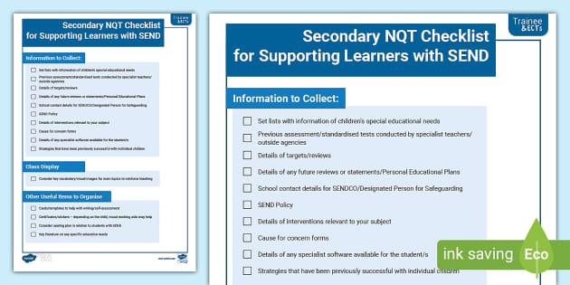 Secondary ECT Supporting Learners with SEND Checklist Secondary ECT Supporting Learners with SEND Checklist