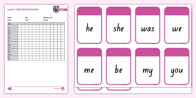 Sight Word Cards and Checklist - Level 3
