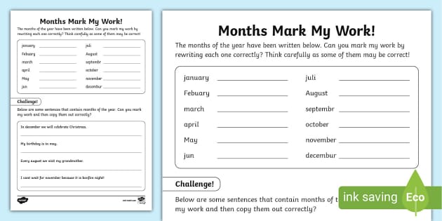 Months Mark My Work Worksheet