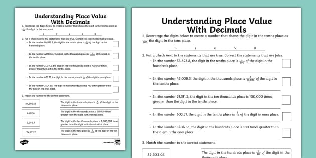 Understanding Place Value With Decimals Worksheet 3rd 5th Gr Understanding Place Value With Decimals Worksheet 3rd 5th Gr