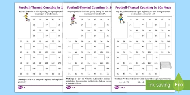 Football Themed Counting in 10s Maze Differentiated Worksheets