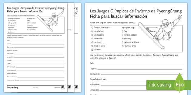 Winter Olympics 2018 Research with Support Worksheet / Worksheet Spanish