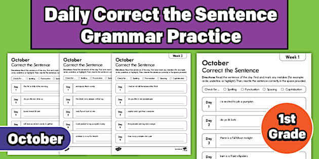 First Grade October Daily Correct the Sentence Grammar Practice