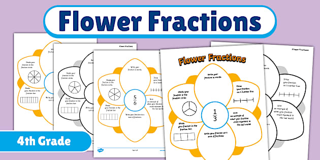 Fourth Grade Flower Fractions Math Worksheets (teacher made)