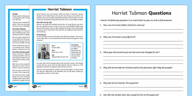 Harriet Tubman Differentiated Reading Comprehension - Twinkl