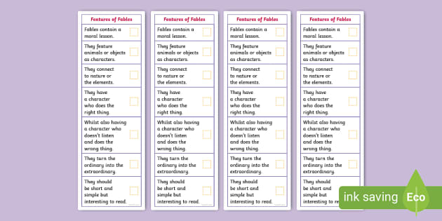 Features of Fables Bookmark Checklist (Teacher-Made)