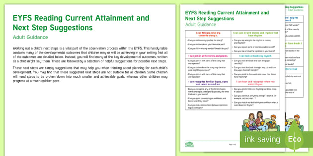 EYFS Reading Current Attainment and Next Step Suggestions Adult Guidance
