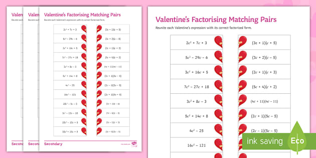 Valentine's Factorising Matching Pairs Differentiated Worksheet ...