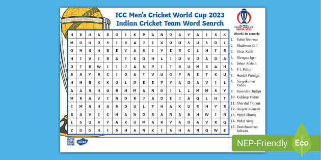 FREE! - ICC Men's CWC 2023 - Indian Cricket Team Word Search