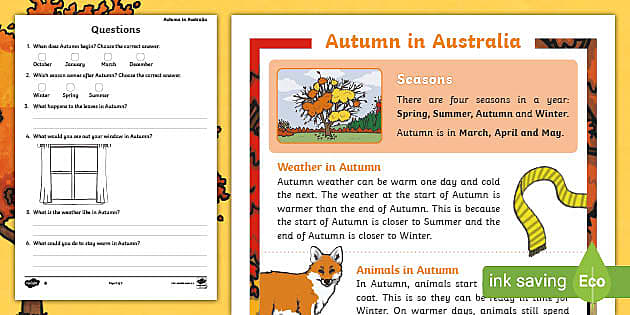 Autumn in Australia Differentiated Comprehension Activity F-2