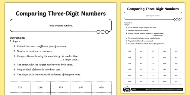 Comparing Three Digit Numbers Activity Twinkl